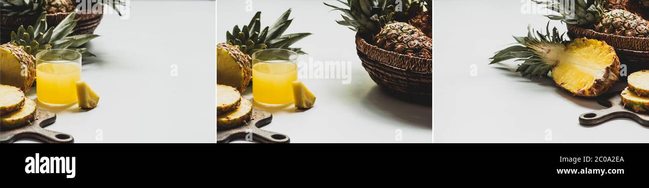 collage of fresh pineapple juice near cut delicious fruit on wooden ...