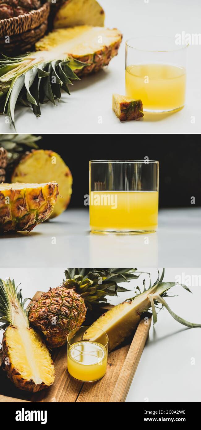 collage of fresh pineapple juice and cut delicious fruit in tray on ...