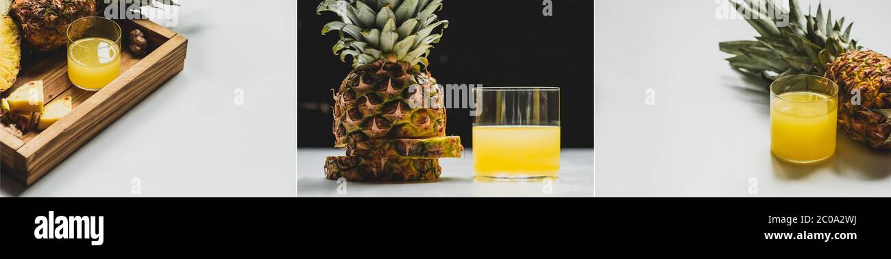 collage of fresh pineapple juice and cut delicious fruit on wooden tray ...
