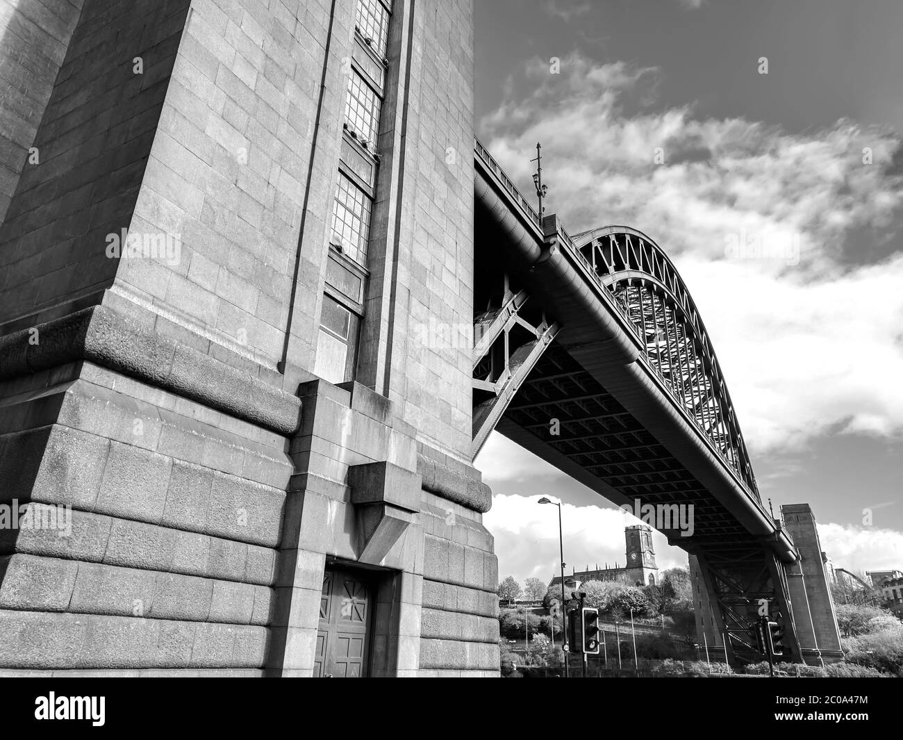 Monochrome Wide Angle View of Tyne Bridge across Tyne River & Quayside ...