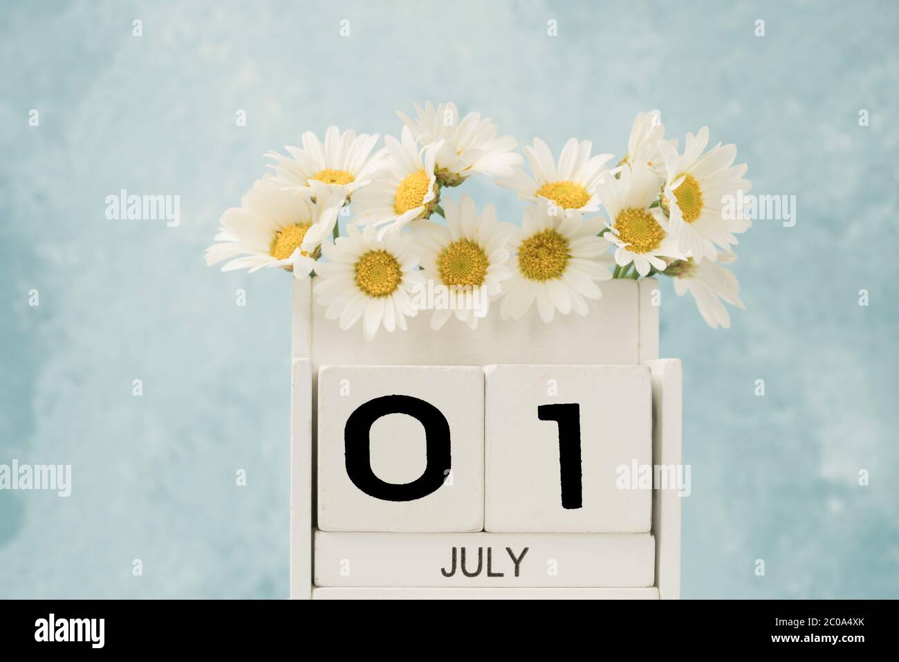 White cube calendar for july decorated with daisy flowers over blue ...