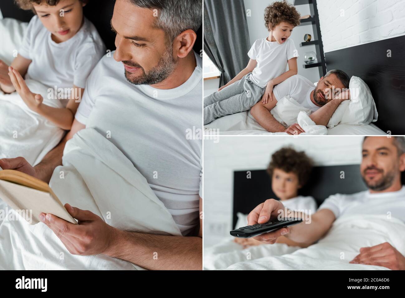 collage of father reading book holding remote controller and lying in ...