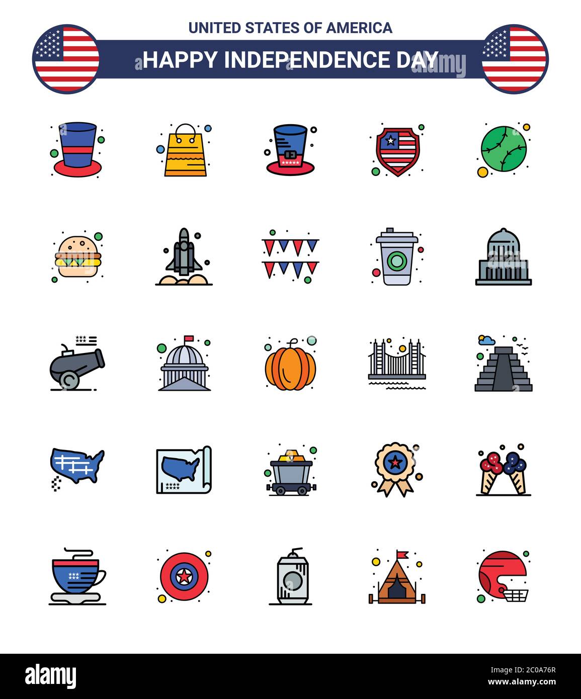 Flat Filled Line Pack of 25 USA Independence Day Symbols of states ...