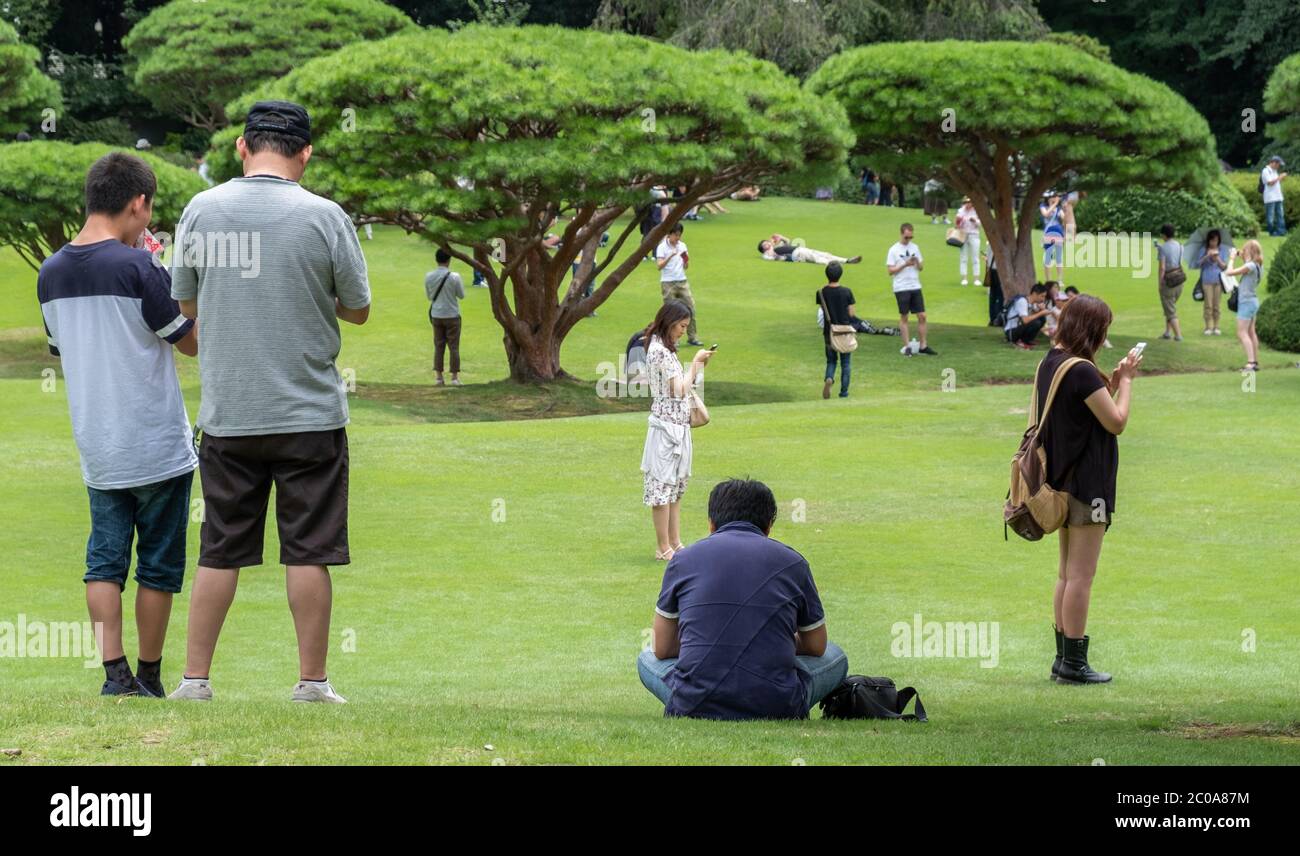 Group of people with smartphone at Shinjuku Gyoen Garden during summer ...