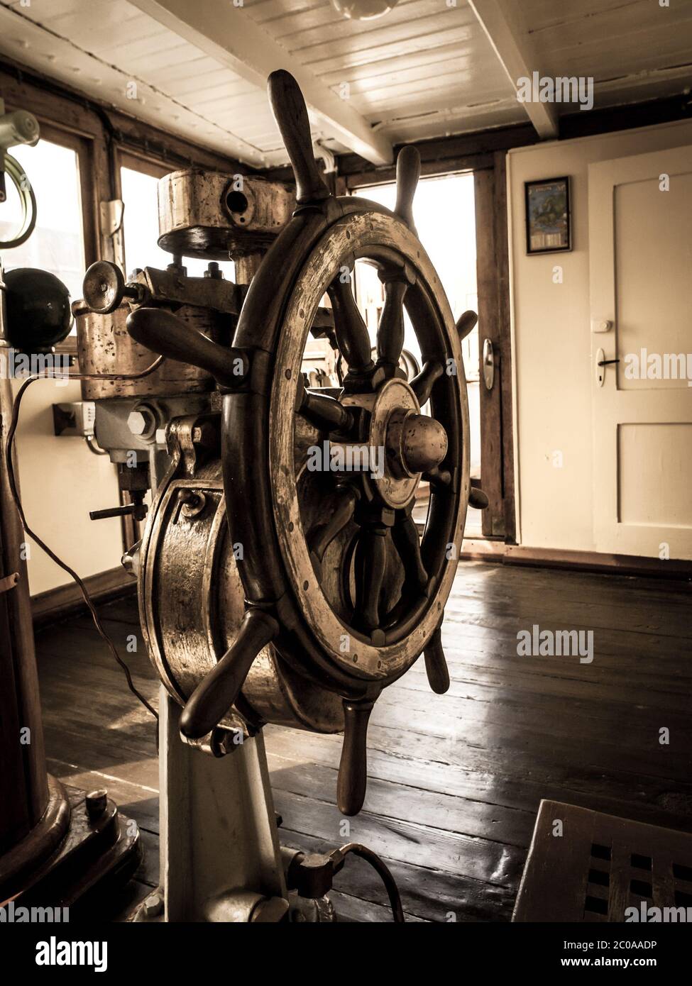 Steering wheel in the old war ship Stock Photo - Alamy