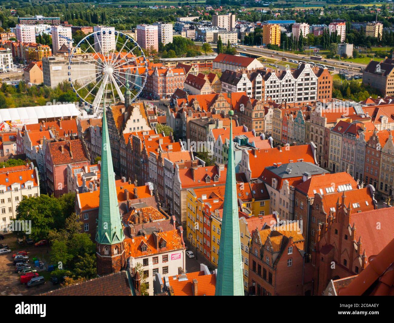 Streets and rooftops in Old Town of Gdansk. Aerial view from cathedral ...