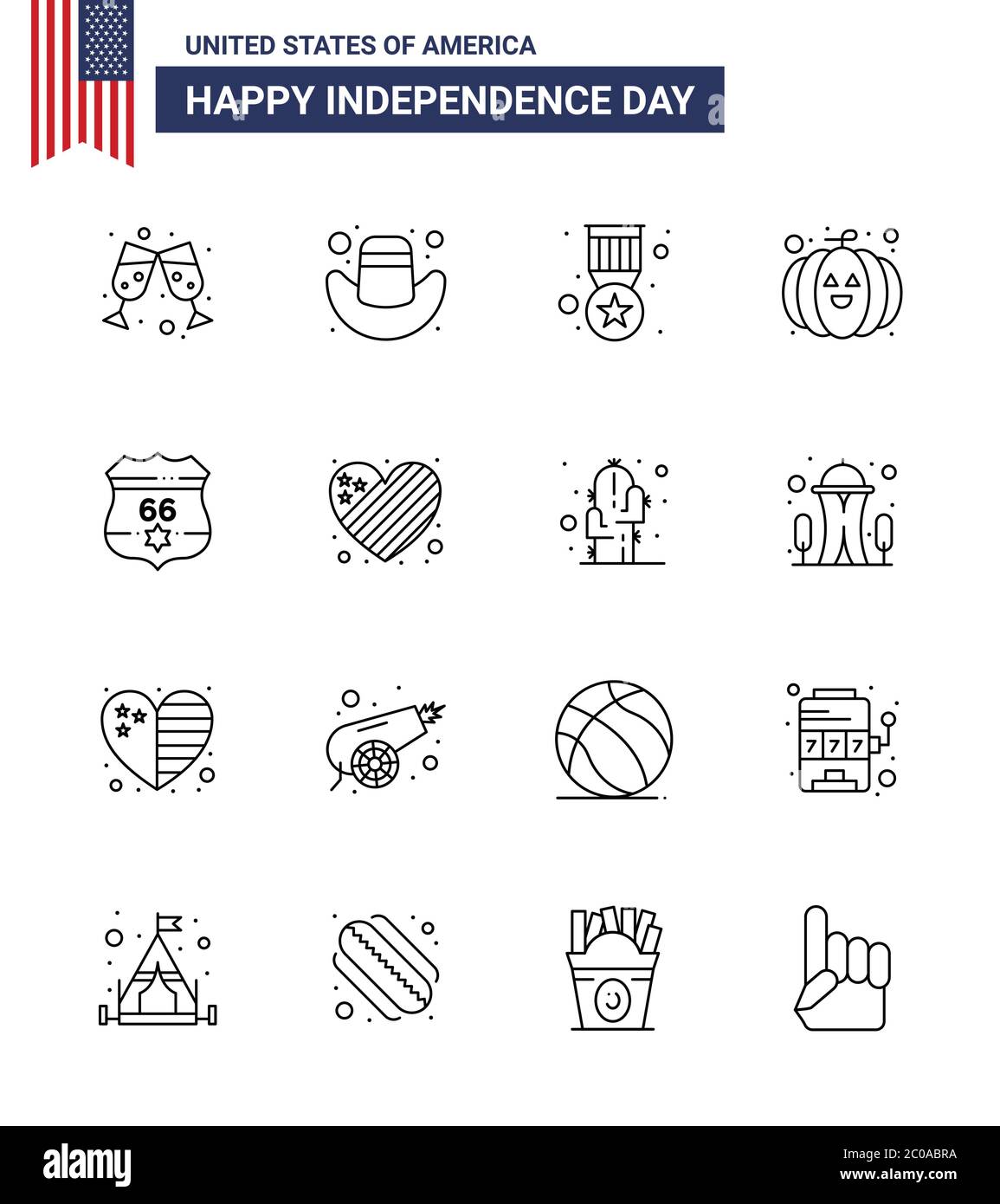 16 USA Line Pack of Independence Day Signs and Symbols of american; usa ...