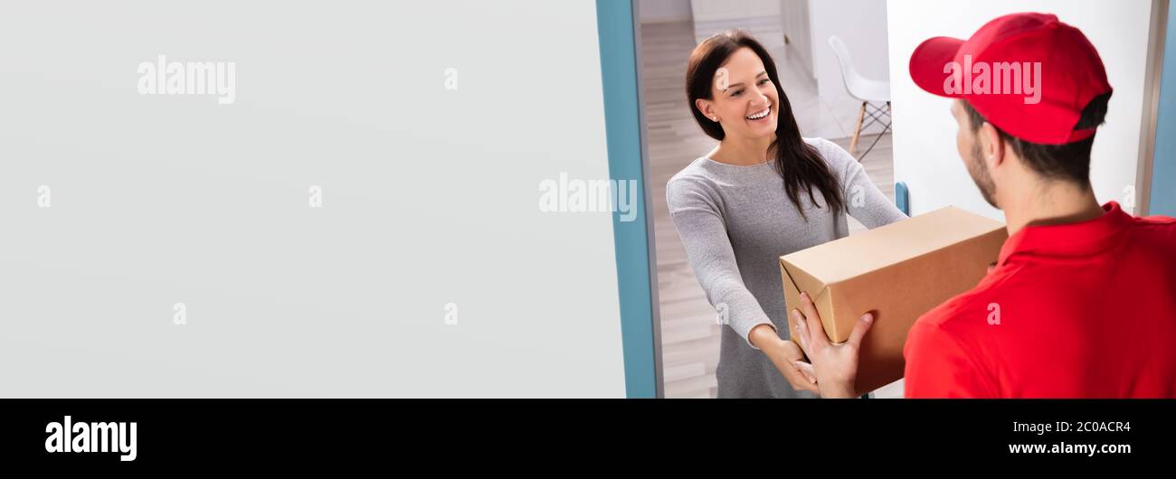 Parcel Delivery. Happy Customer Woman Received Package Stock Photo - Alamy