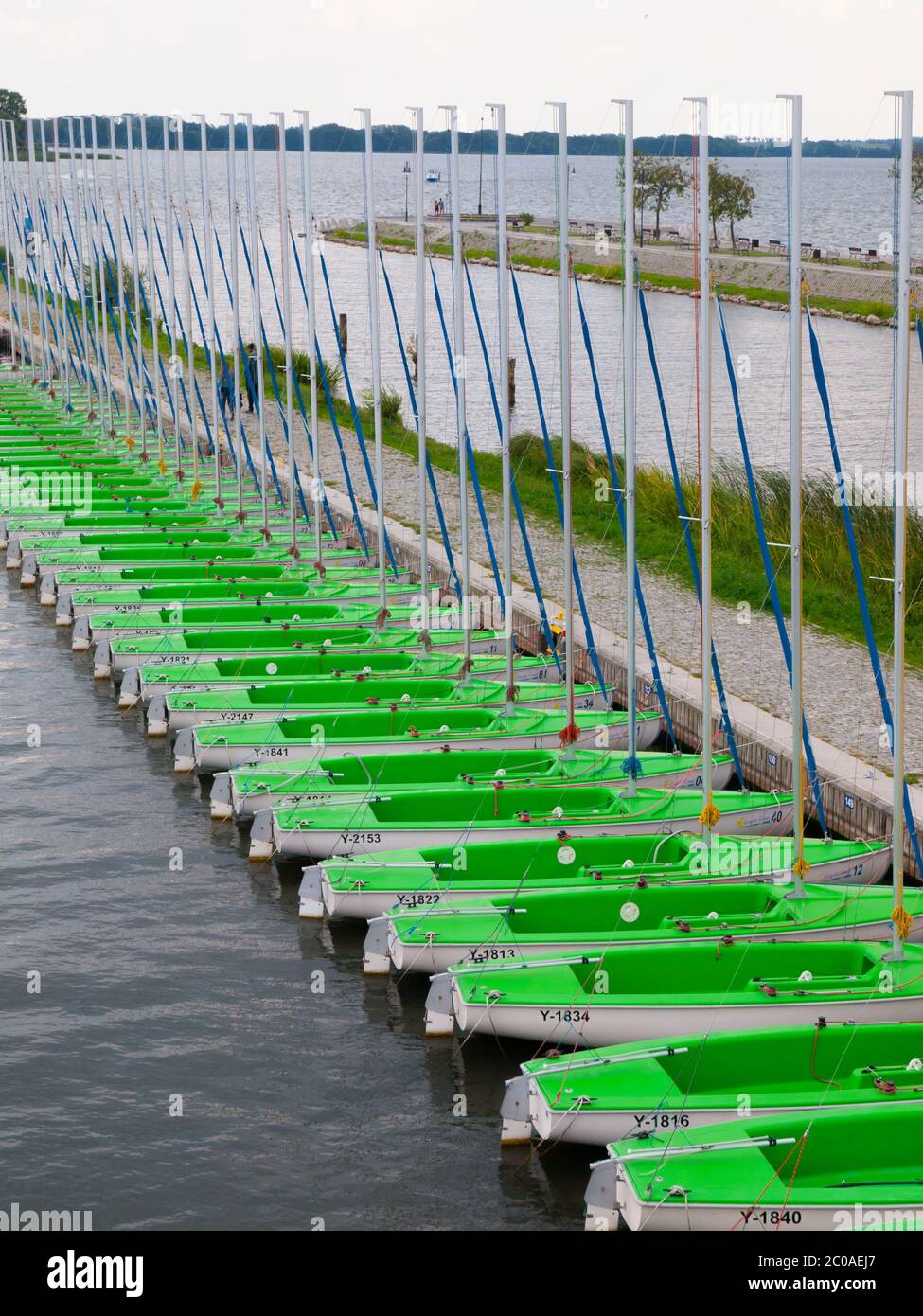 Green boats in one line in marina Stock Photo - Alamy