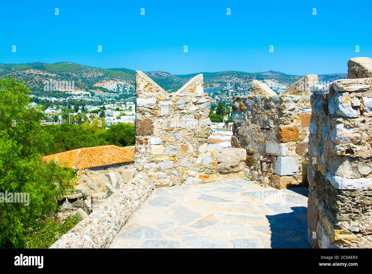 Panoramic view from tower wall of Bodrum Castle, Aegean sea, Turkey ...