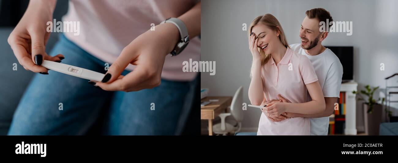 collage of girl holding pregnancy test with positive result near happy ...