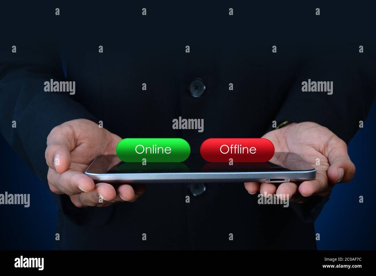 Business man with online and offline button Stock Photo - Alamy