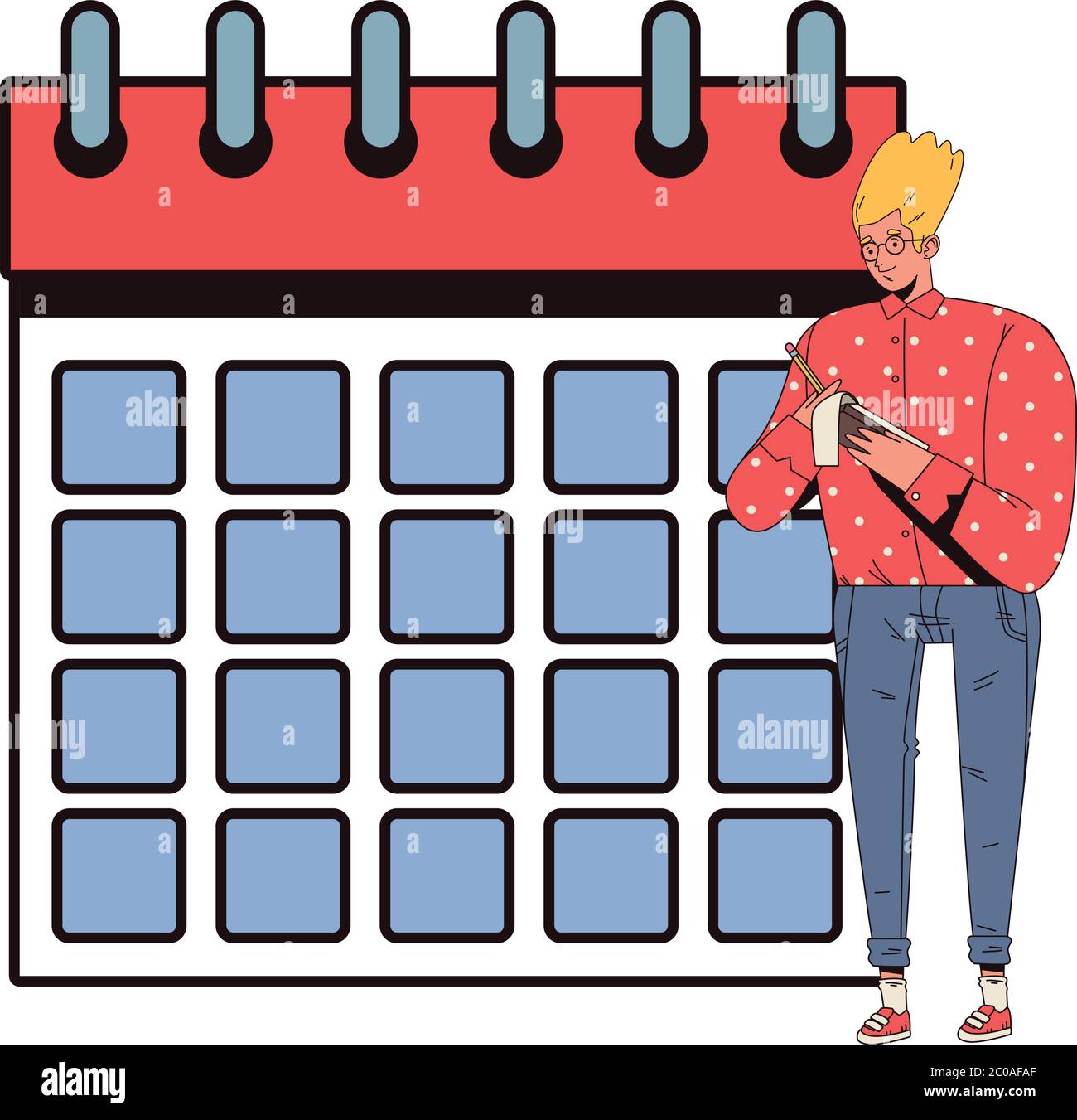 young man male writing with pencil and calendar vector illustration ...