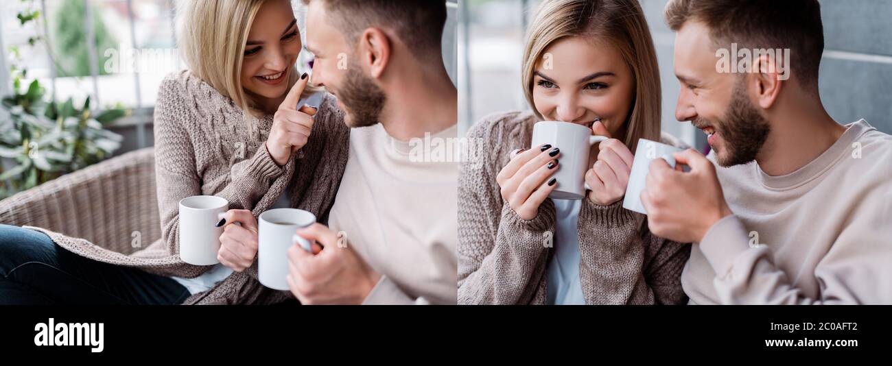 collage of happy girl touching nose of boyfriend and drinking coffee ...