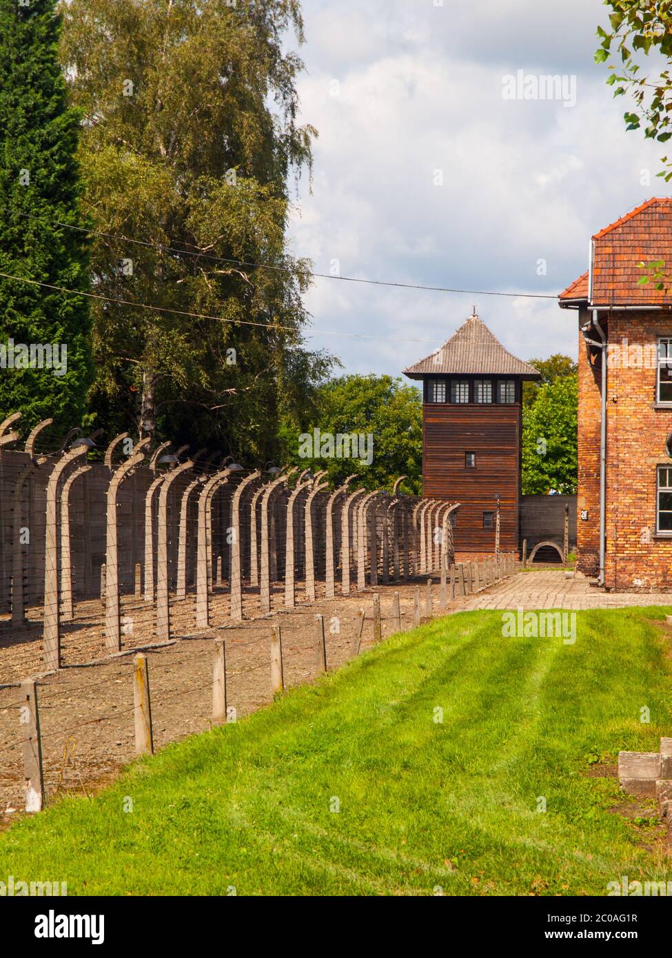 Fence and guard tower of concentration camp Auschwitz (Oswiecim Stock ...