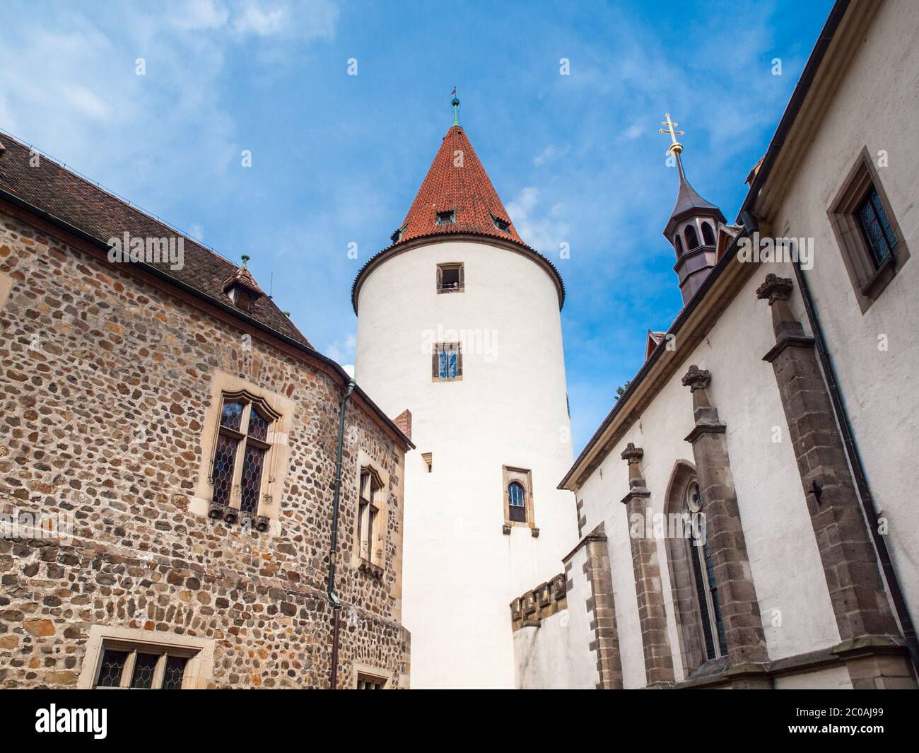 Great Tower with white facade and pointed roof on Krivoklat medieval ...
