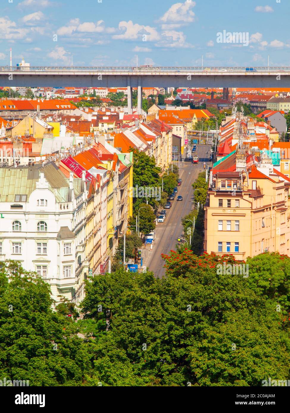 Prague cityscape on sunny summer day with Nusle Valley and Nusle Bridge ...