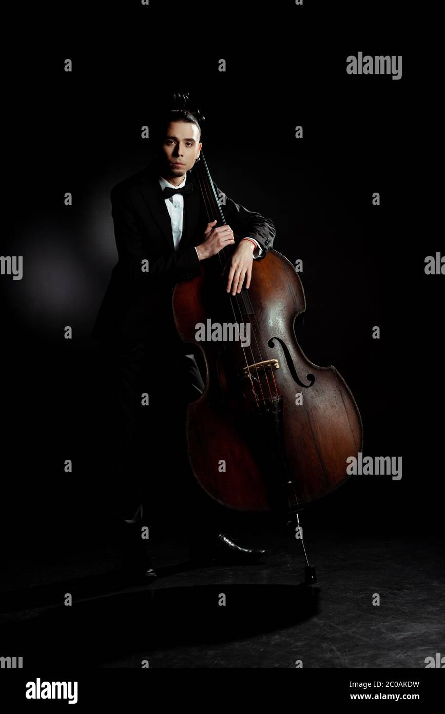 professional musician playing on double bass on dark stage Stock Photo ...