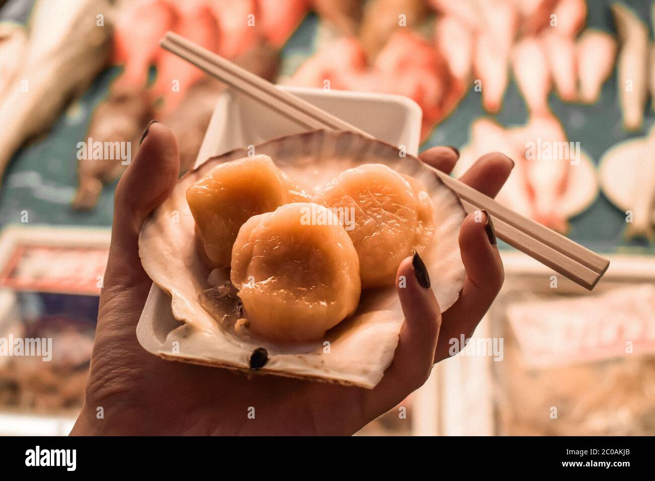 Female hand holding fresh scallop on a seashell with chopstick ...