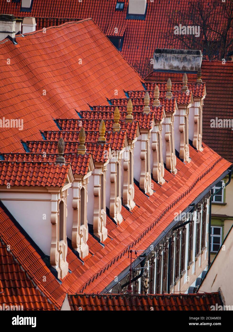 Old red roof with dormer-windows in a row (Prague, Czech Republic Stock ...