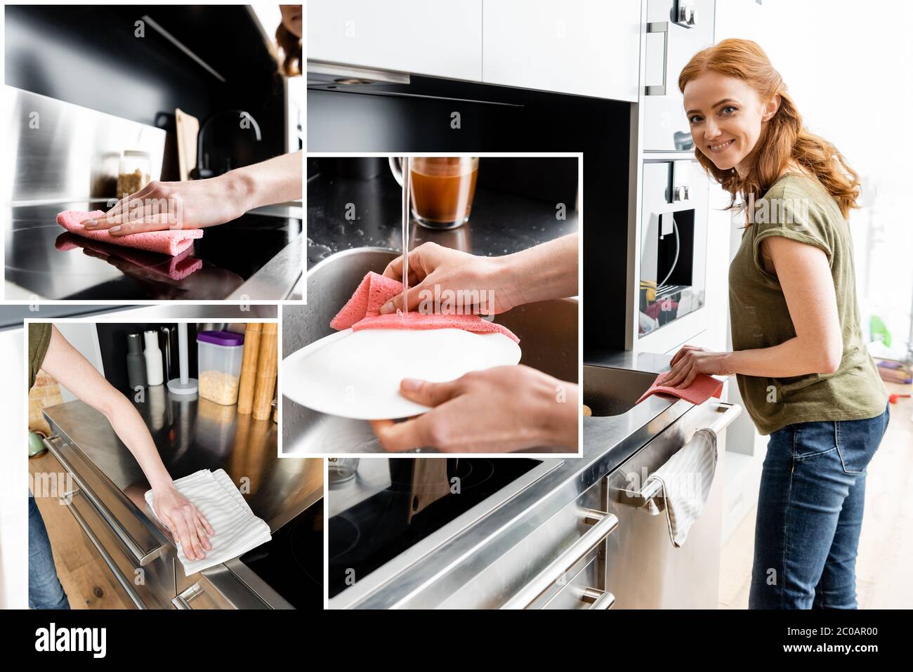 Collage of smiling woman cleaning worktop and washing plate in kitchen ...