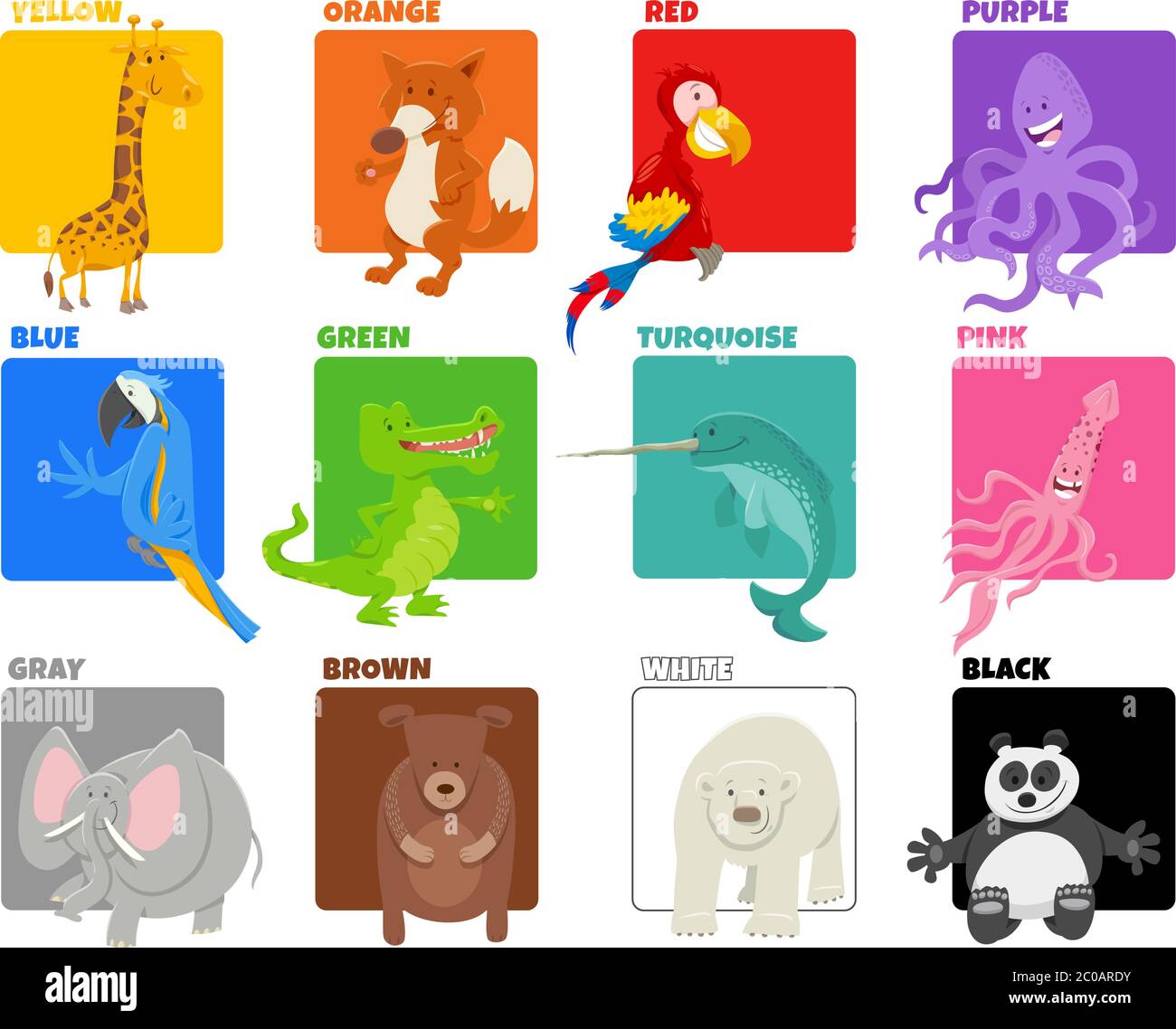 Cartoon Illustration of Basic Colors with Funny Animal Characters ...