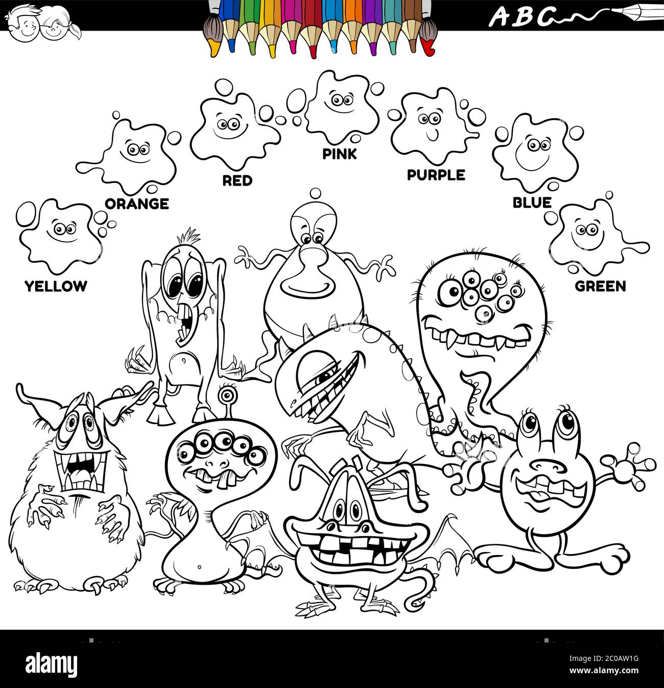 Black and White Educational Cartoon Illustration of Basic Colors with ...