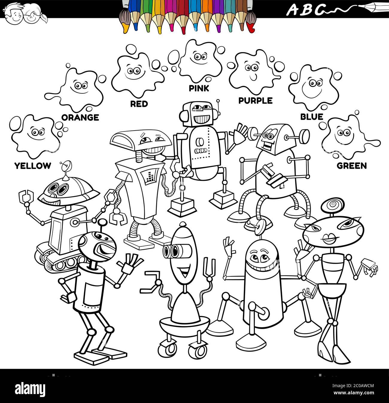 Black and White Educational Cartoon Illustration of Basic Colors with ...