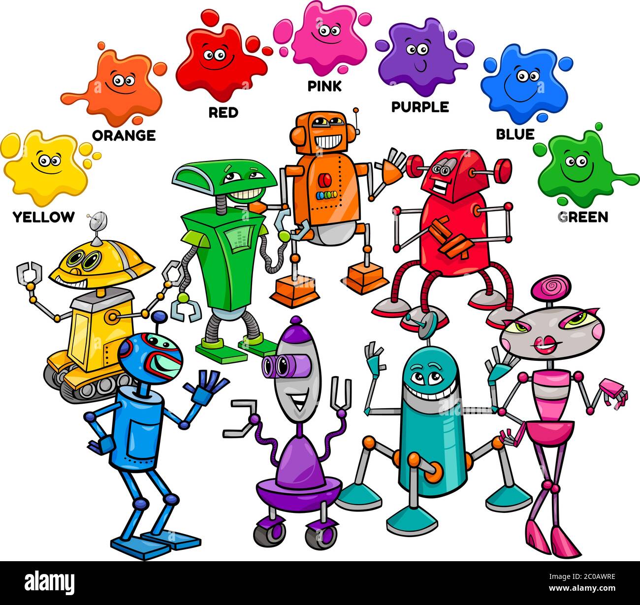 Educational Cartoon Illustration of Basic Colors with Robots and Droids ...