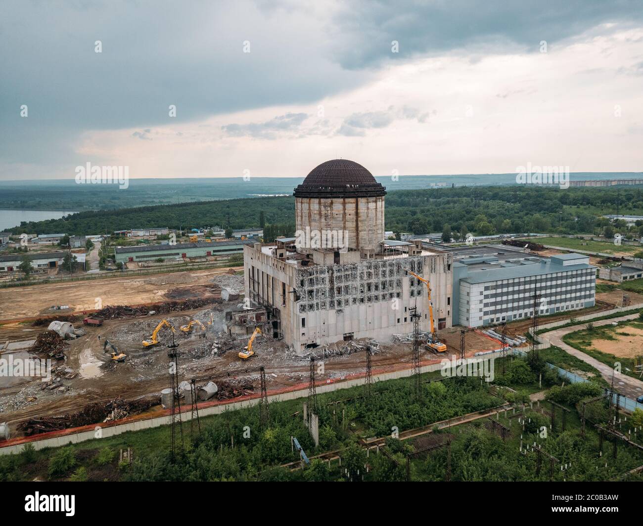 Aerial view of demolition site. Process of demolition of old nuclear ...