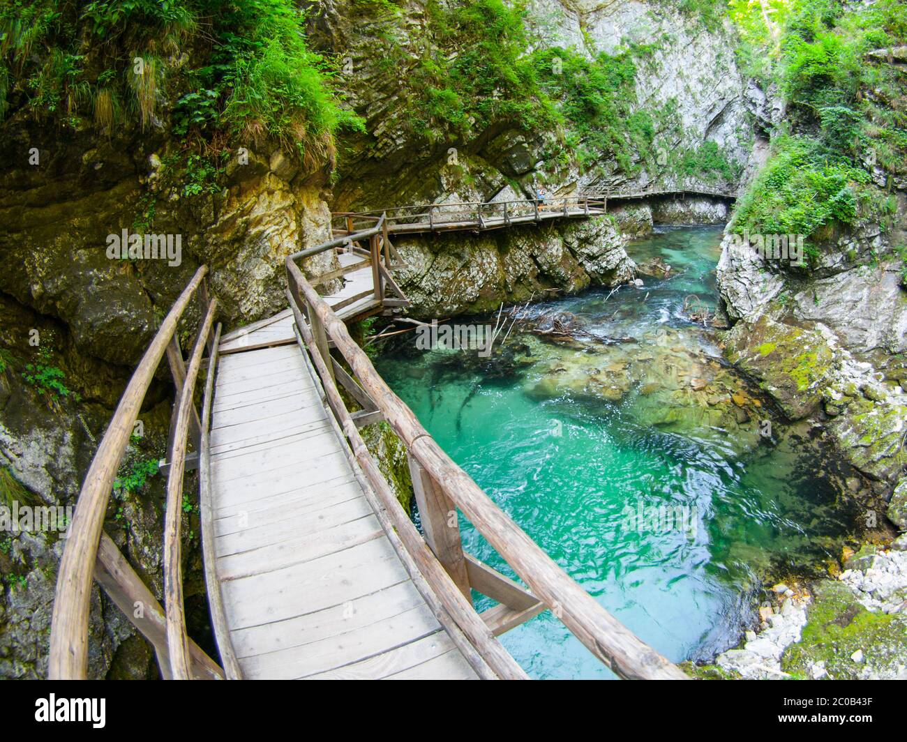 Vintgar Gorge with wooden path and pure blue water ,Bled, Slovenia ...