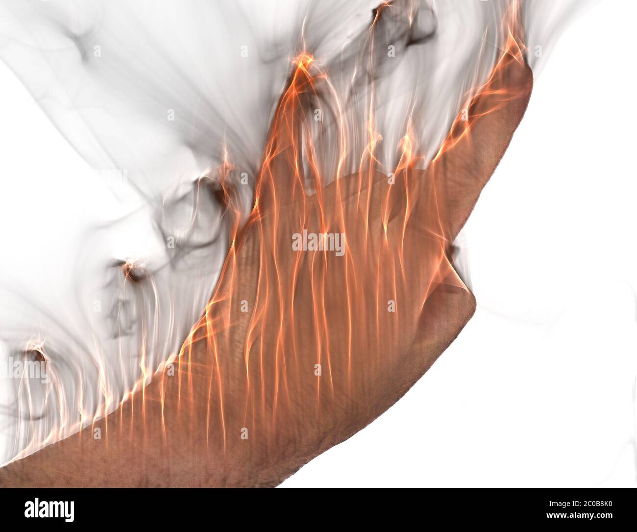A human hand on fire burning with orange flames and some smoke in front ...