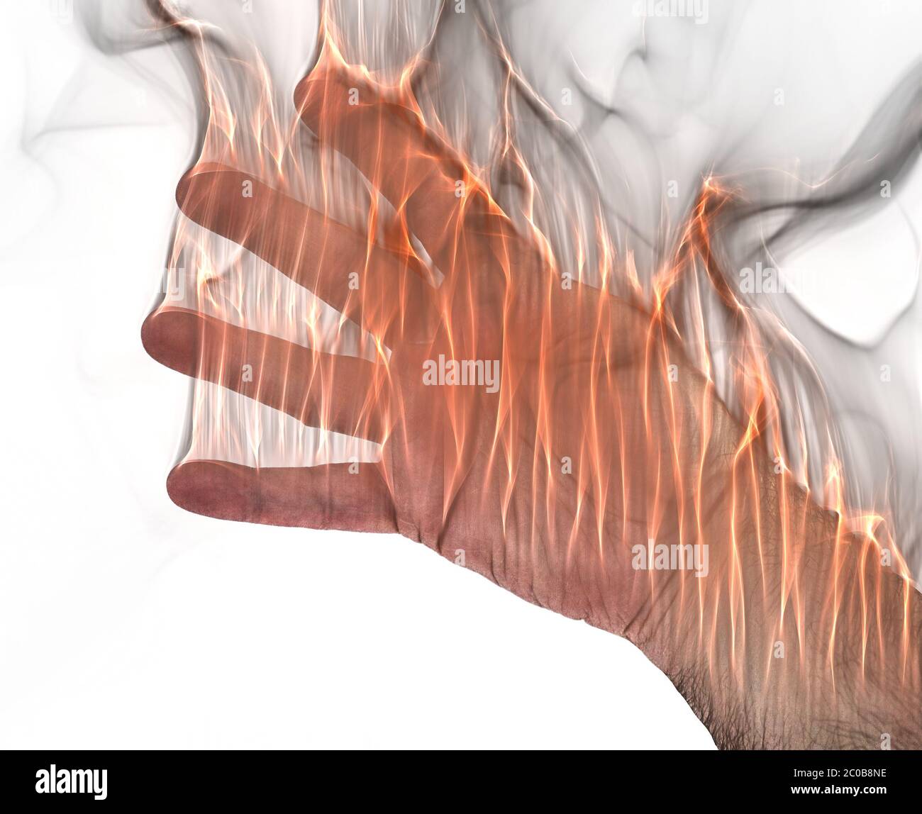A human hand on fire burning with orange flames and some smoke in front ...