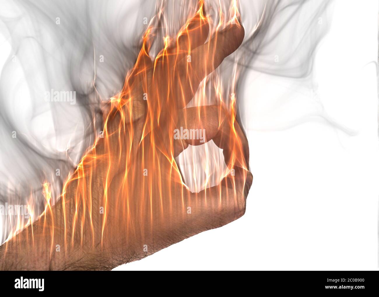 A human hand on fire burning with orange flames and some smoke in front ...