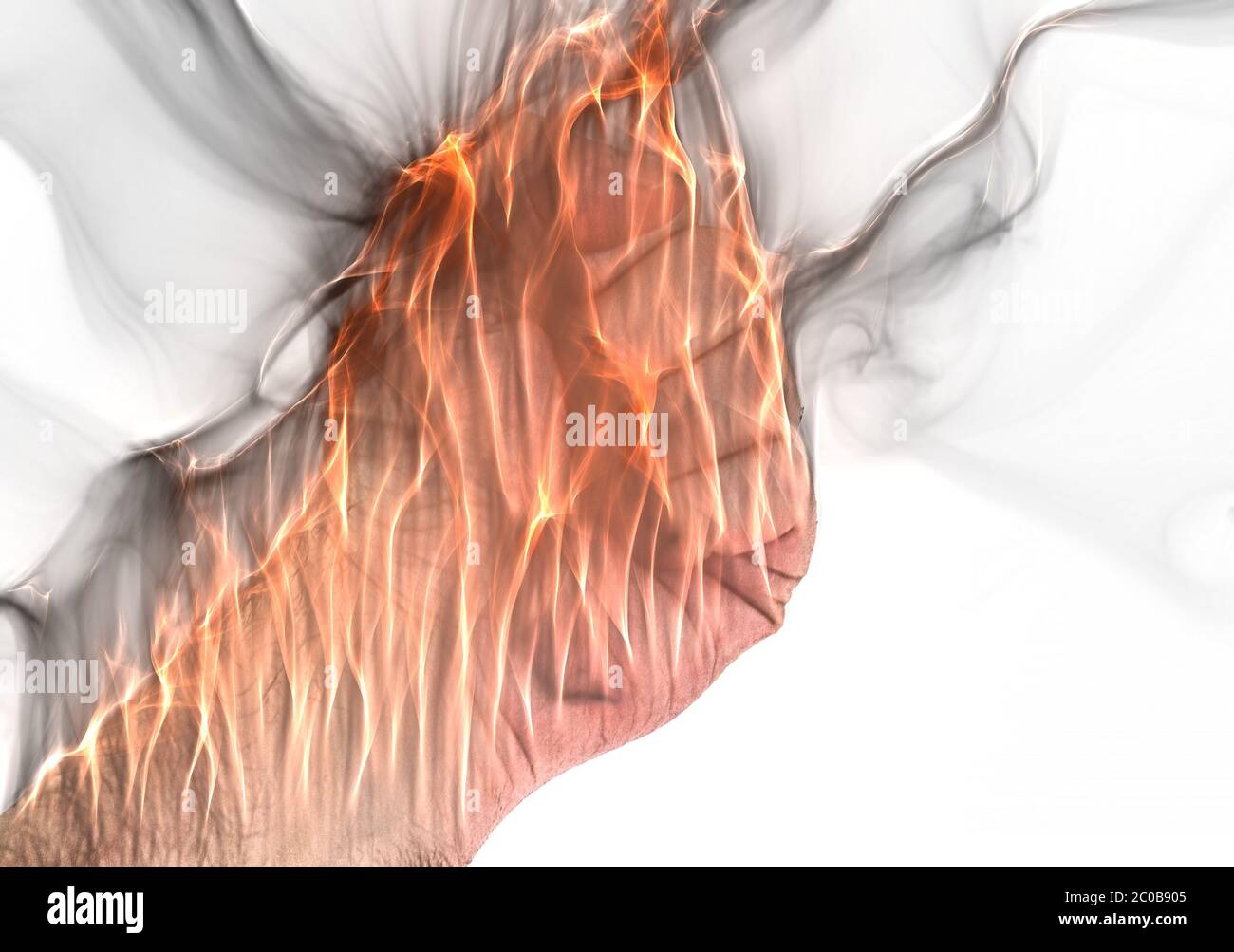 A human hand on fire burning with orange flames and some smoke in front ...