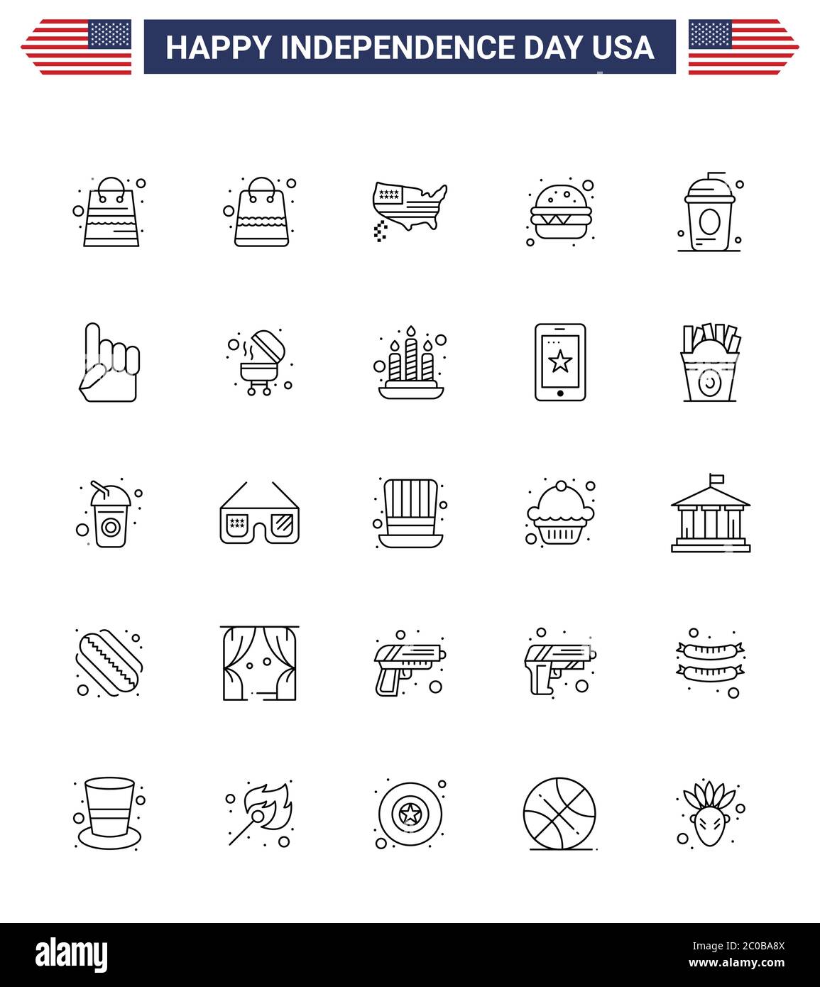 25 USA Line Pack of Independence Day Signs and Symbols of hand ...