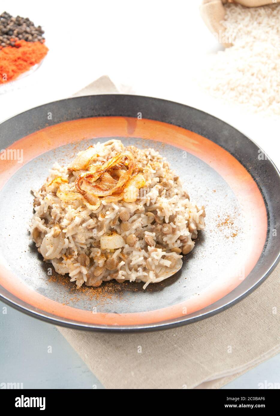 Mujadarra traditional Lebanese dish with rice and lentils onions Stock ...