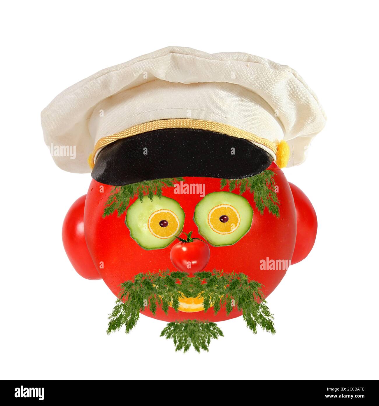 Creative food concept. Funny portrait of a sea captain made of tomato ...