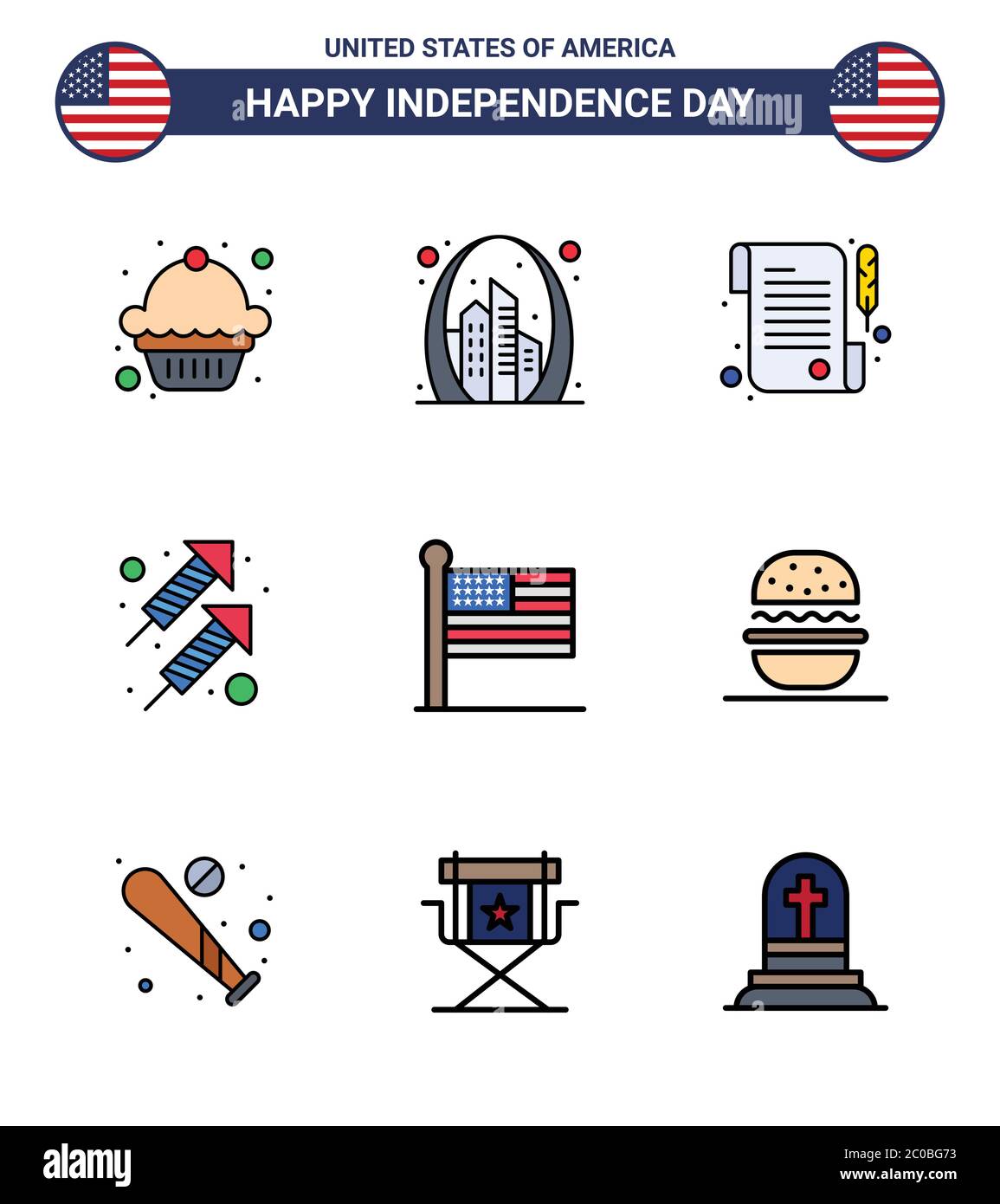 9 USA Flat Filled Line Signs Independence Day Celebration Symbols of ...