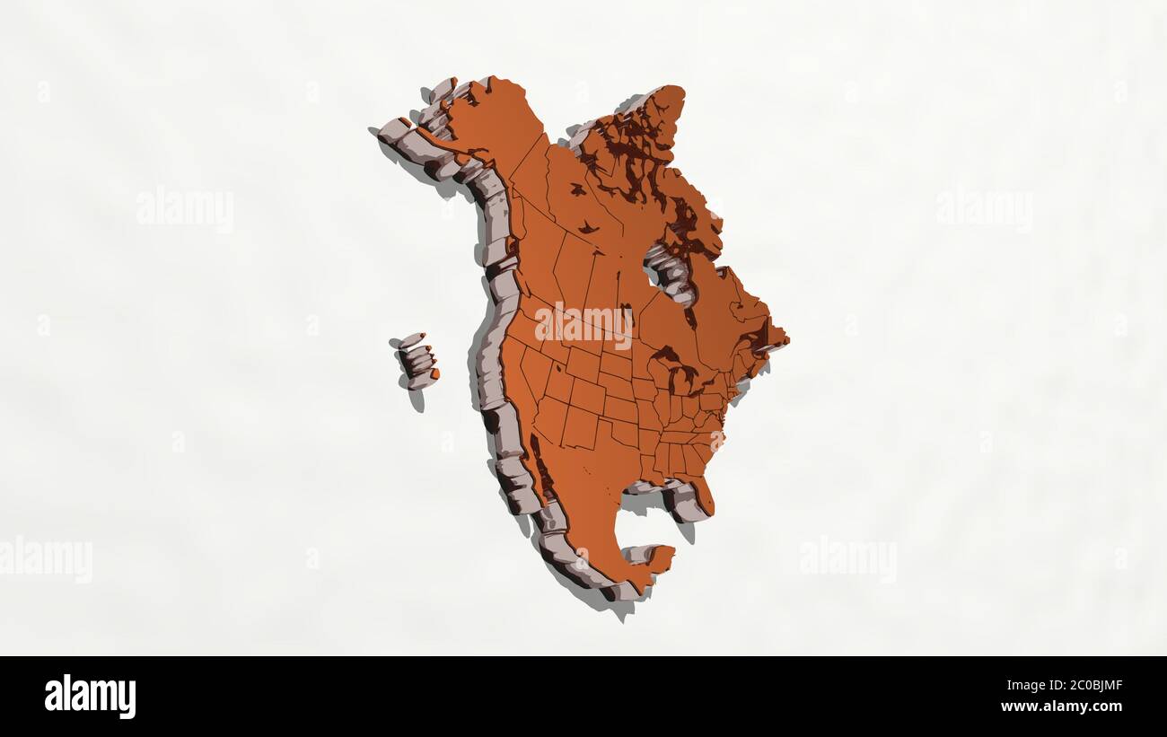 map of North America made by 3D illustration of a shiny metallic ...