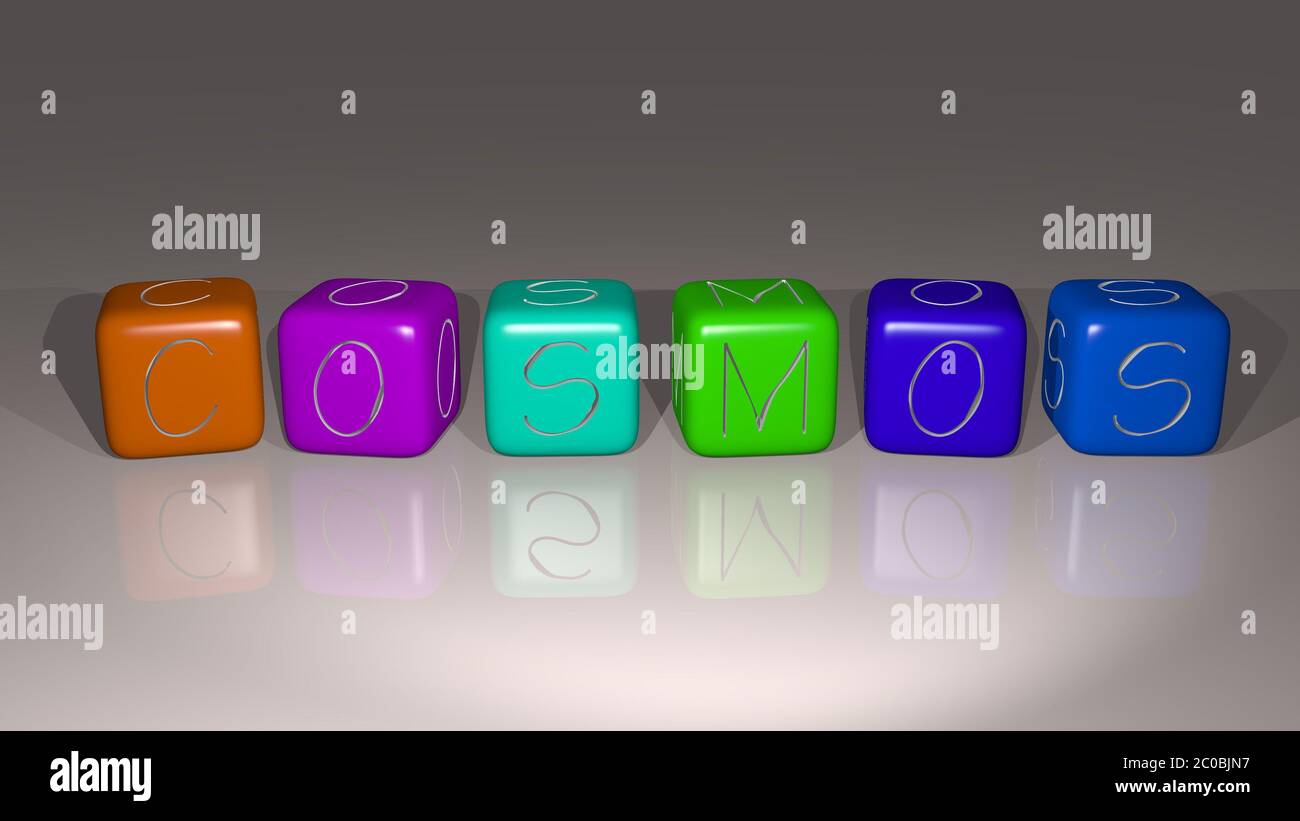 crosswords of COSMOS arranged by cubic letters on a mirror floor ...