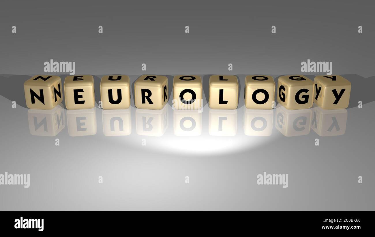 Neurology arranged by golden cubic letters on a mirror floor, concept ...