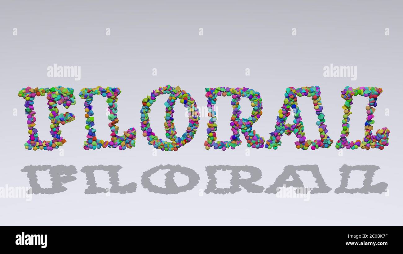 FLORAL: 3D illustration of the text made of small objects over a white ...