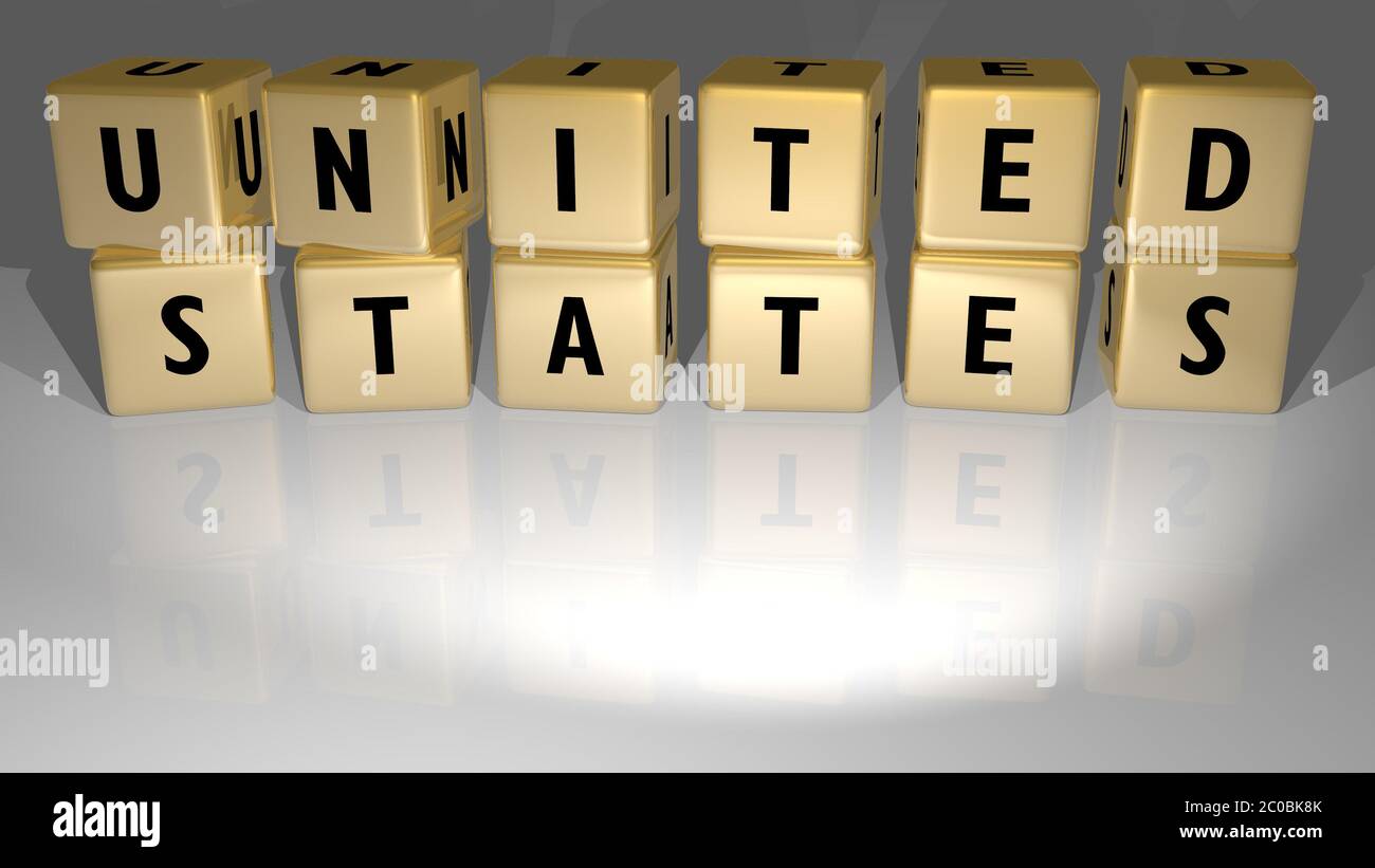 United States arranged by golden cubic letters on a mirror floor ...