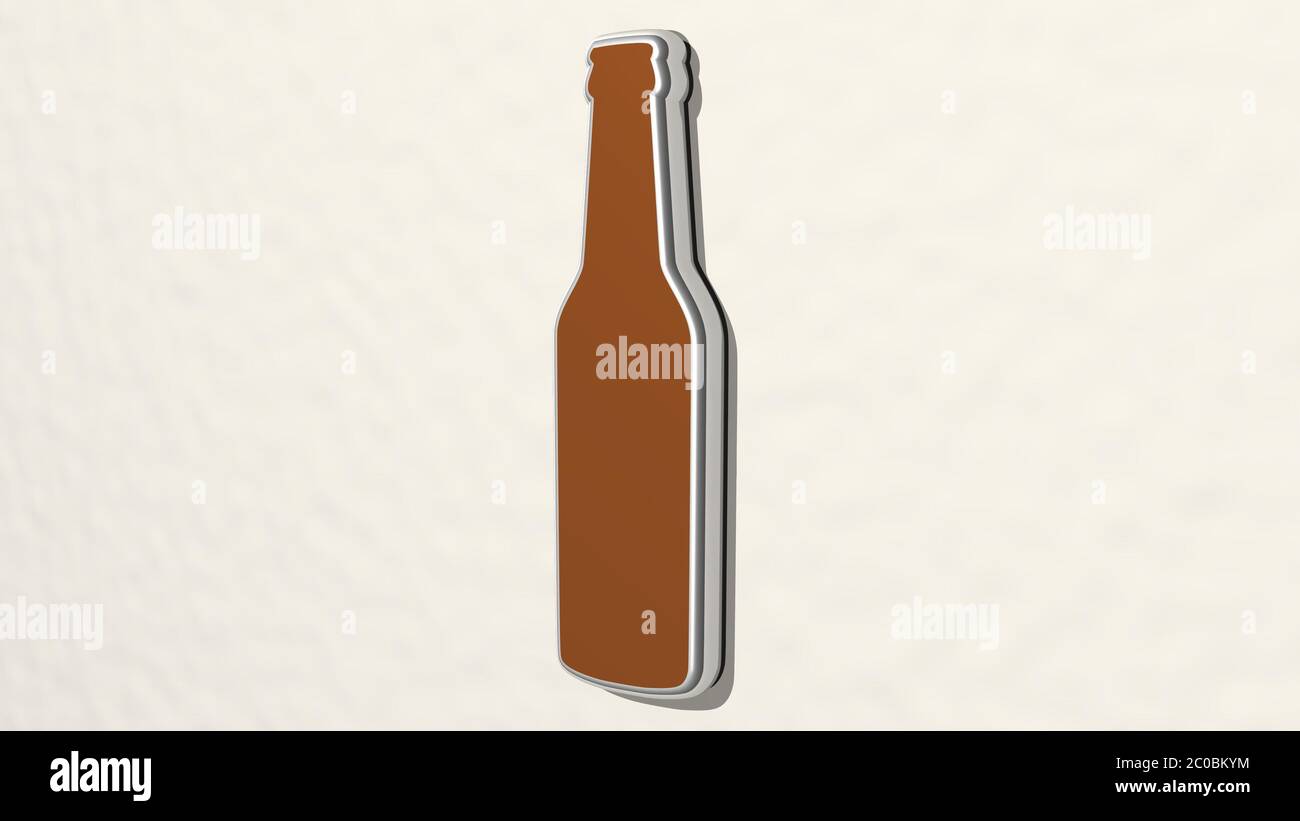 BOTTLE made by 3D illustration of a shiny metallic sculpture on a wall ...