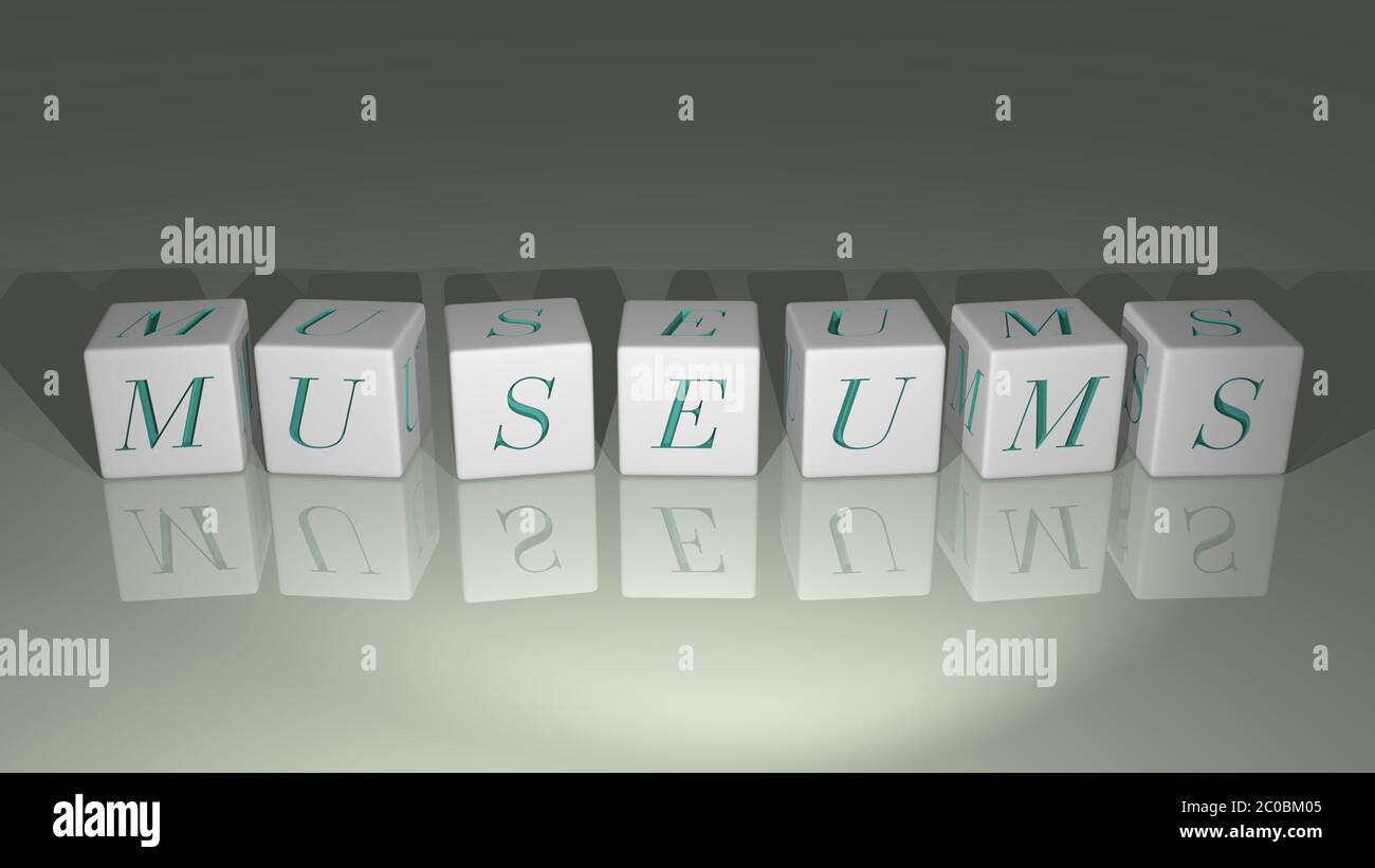 alphabetic Museums arranged by cubic letters on a mirror floor, concept ...