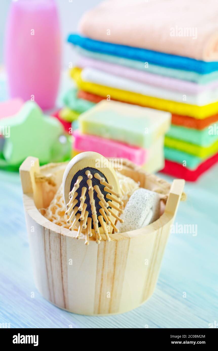 Assortment of soap and towels Stock Photo - Alamy