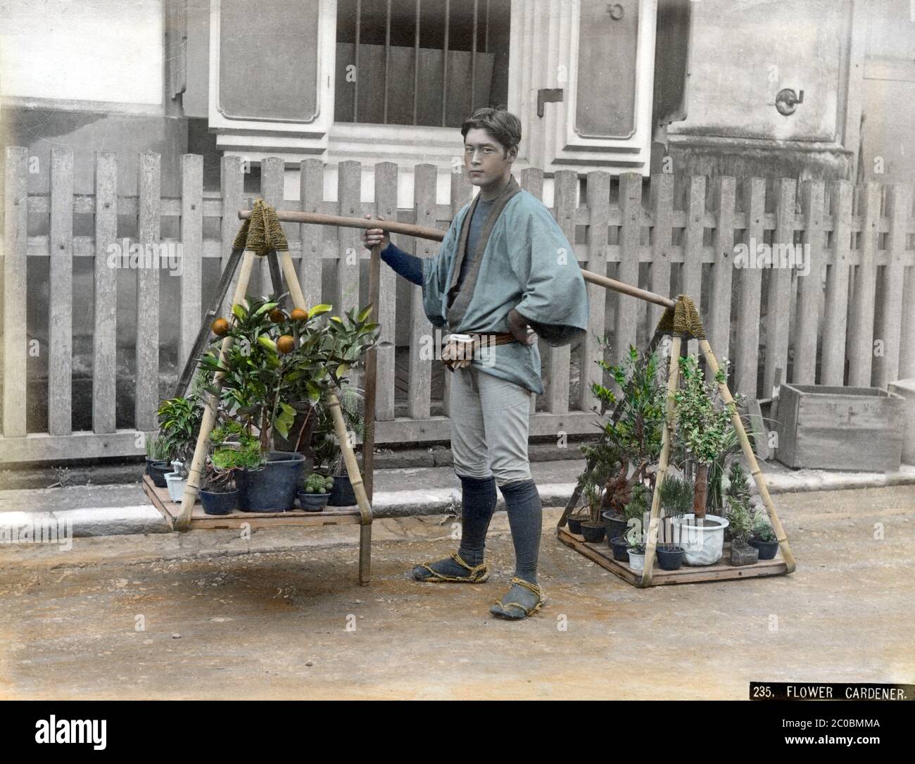 [ 1890s Japan - Gardener with Plants ] — A Japanese gardener carrying ...