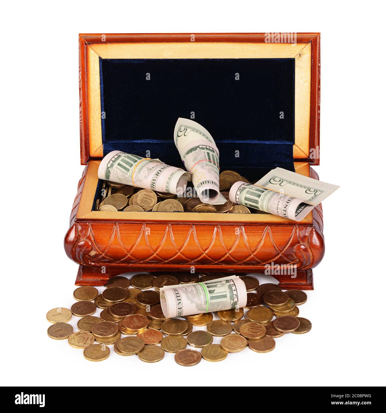 Coins and banknotes in the box Stock Photo - Alamy