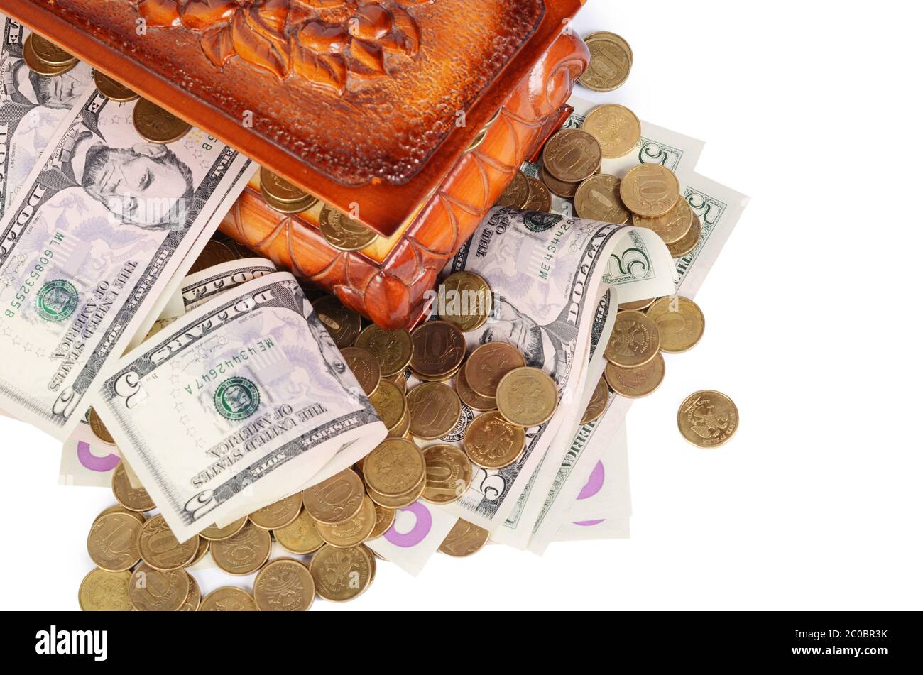 Coins and banknotes in the box Stock Photo - Alamy